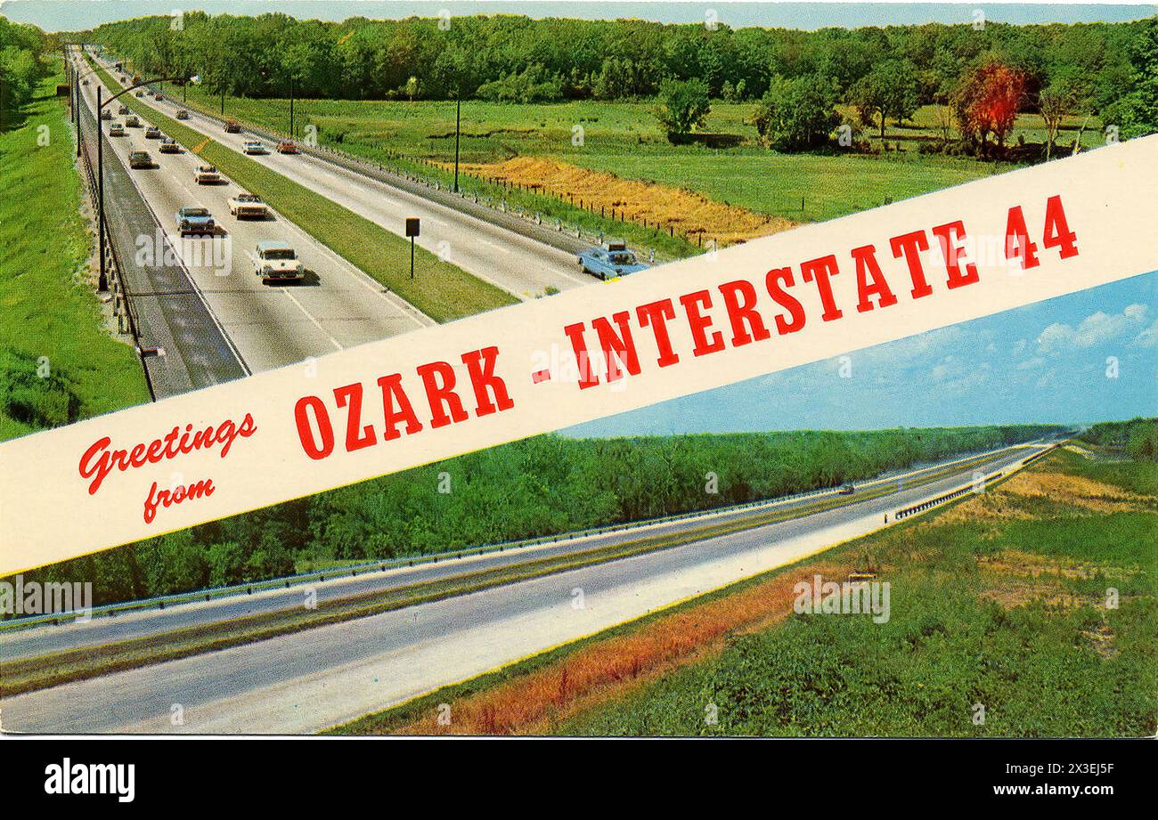 Greetings from Ozark - Interstate 44 - Vintage postcard Stock Photo - Alamy