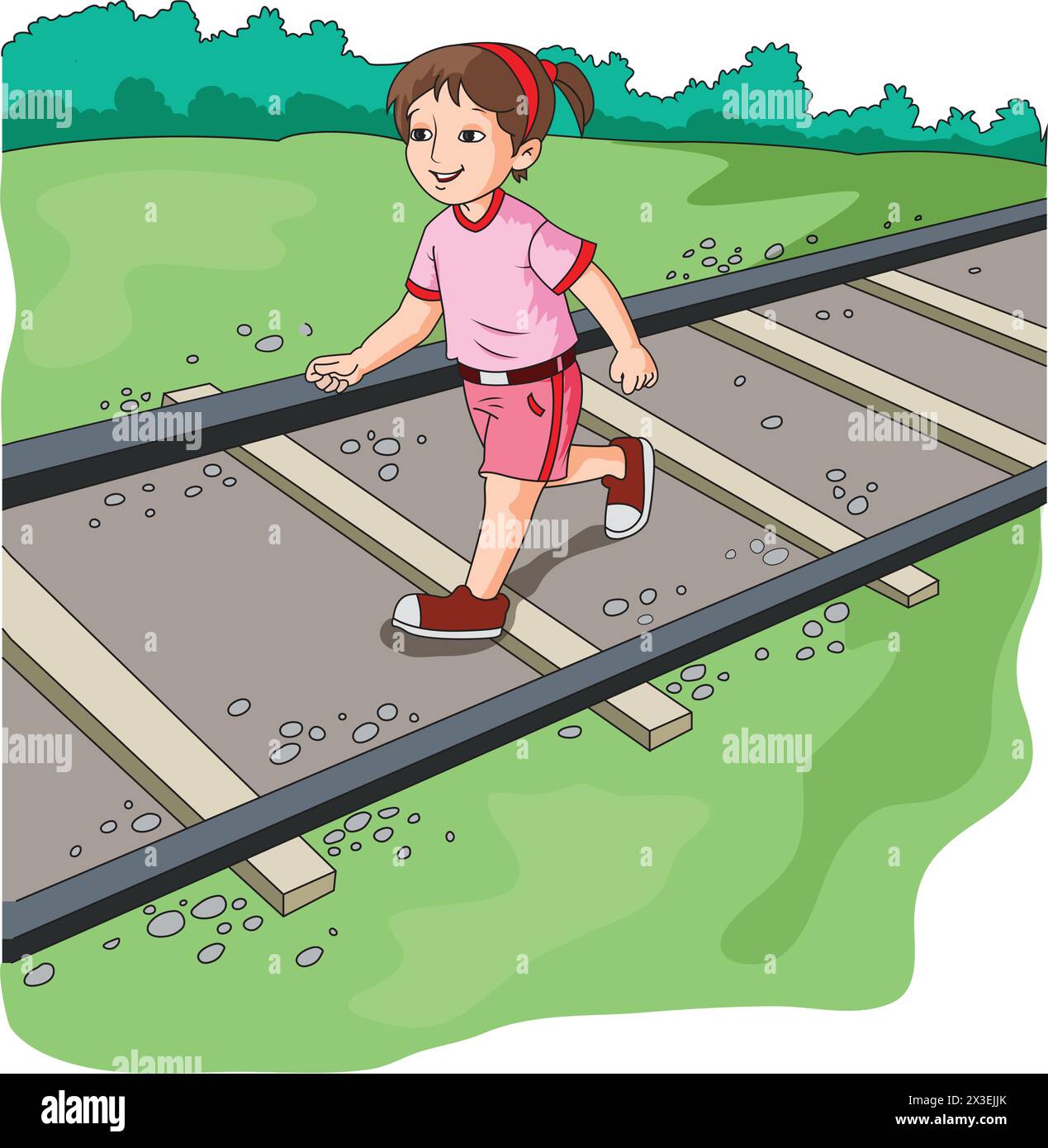 A girl walking on the railway track vector illustration Stock Vector ...