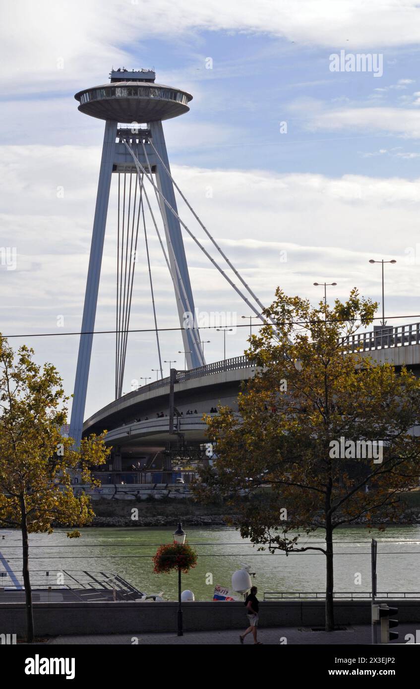 The SNP Bridge, or UFO Bridge, in Bratislava crosses the Danube River ...