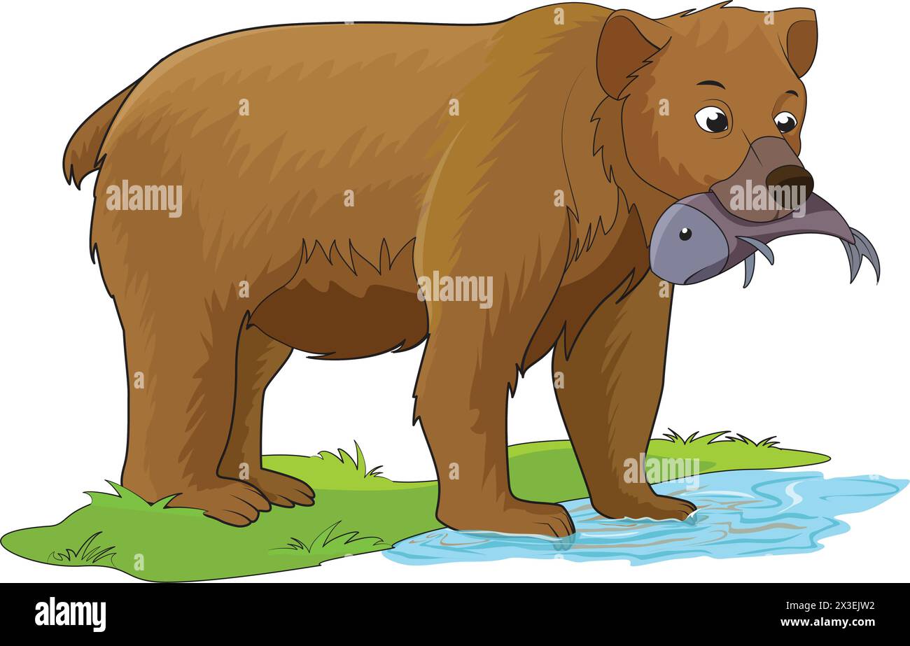 Illustration grizzly bear eating fish hi-res stock photography and ...