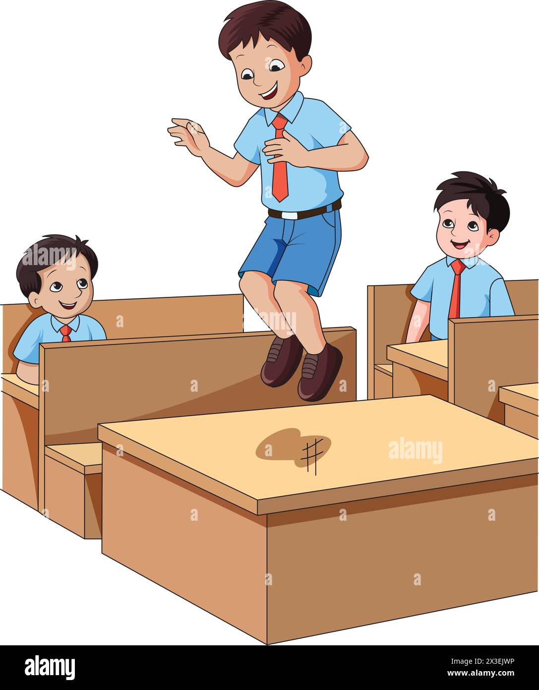 Boy jumping on the desk in the classroom vector illustration Stock ...