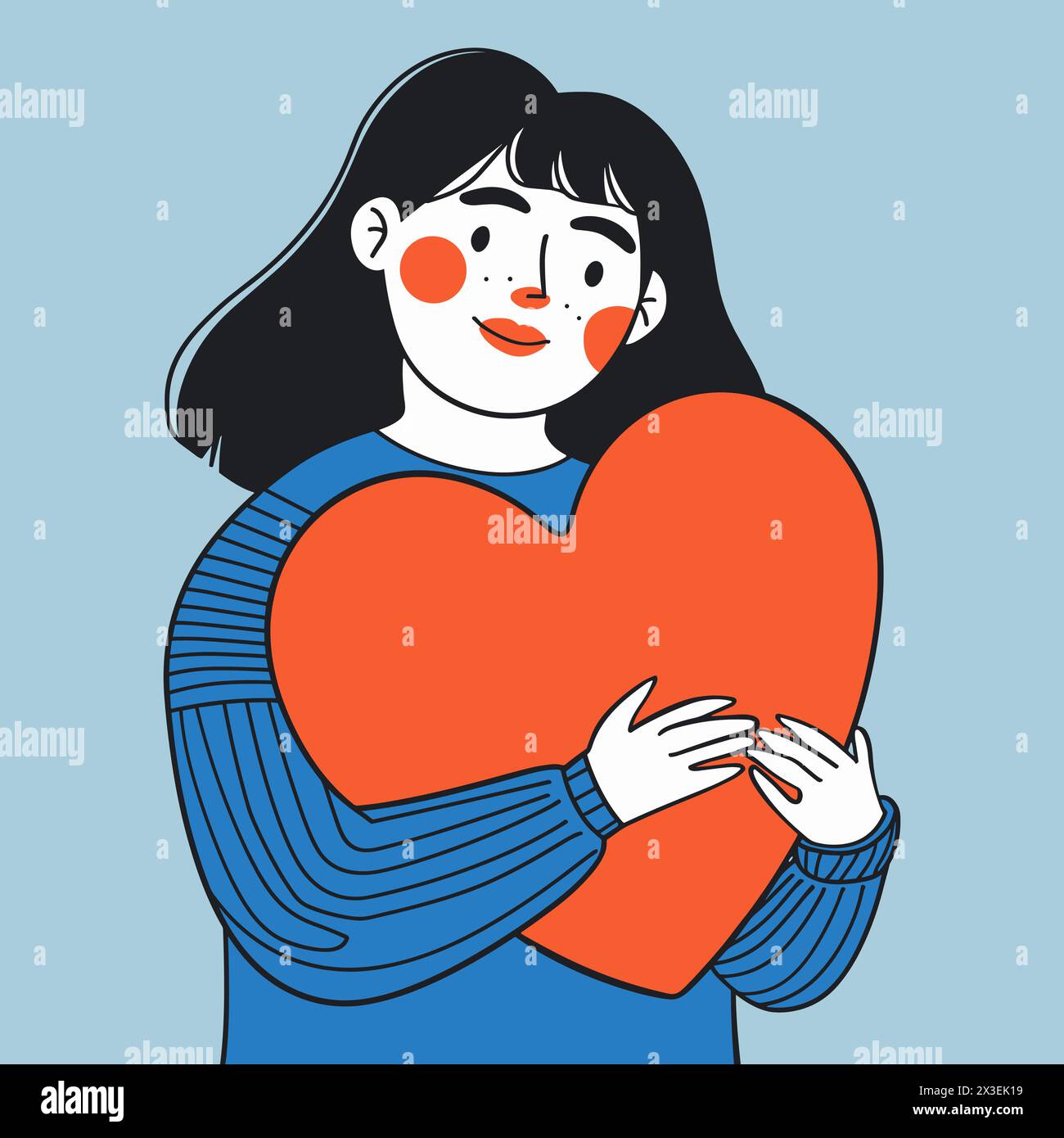 Cute cartoon woman holding big red heart. Love, charity, help, health ...