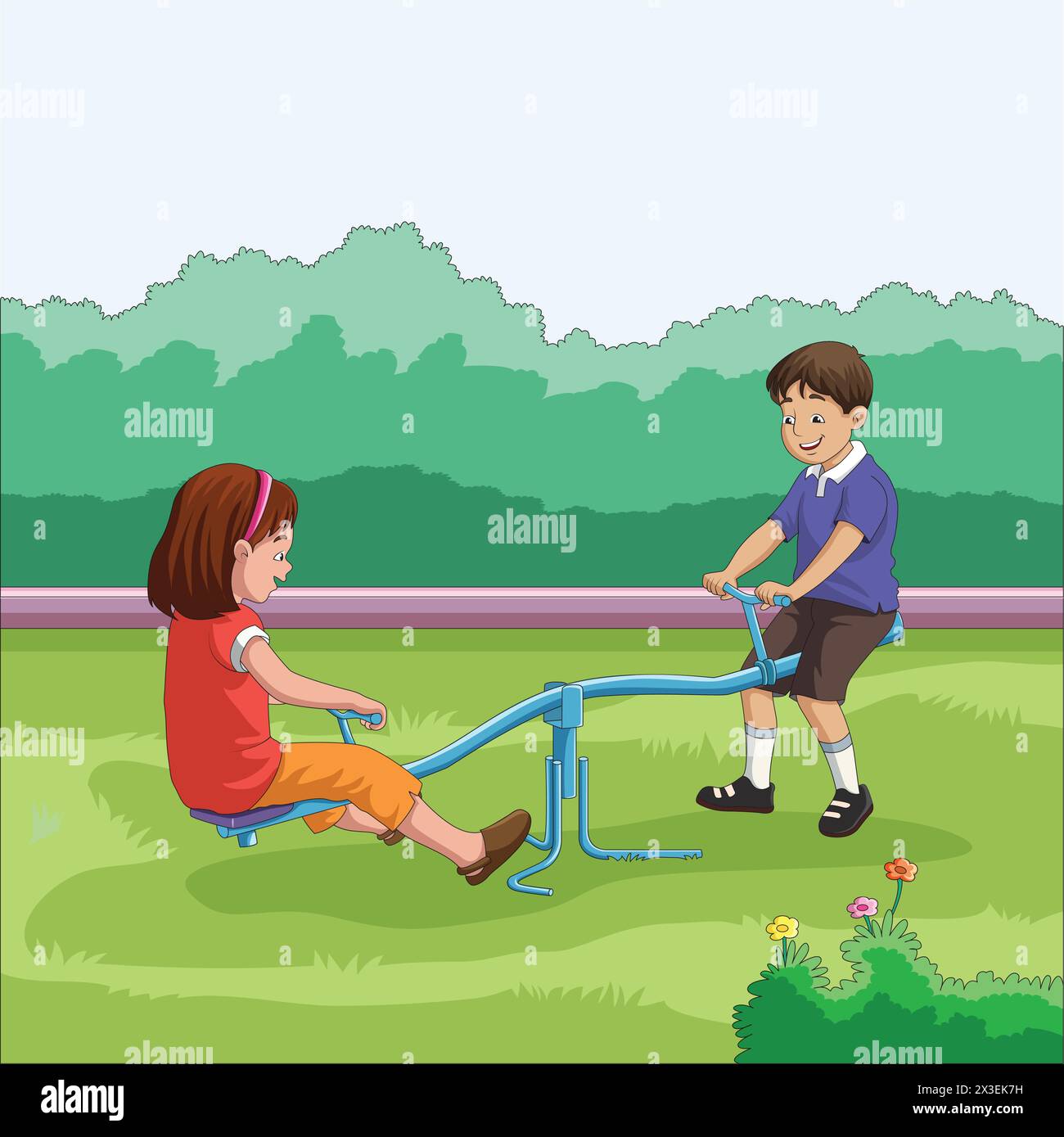 Cartoon illustration of children playing at the playground hi-res stock ...