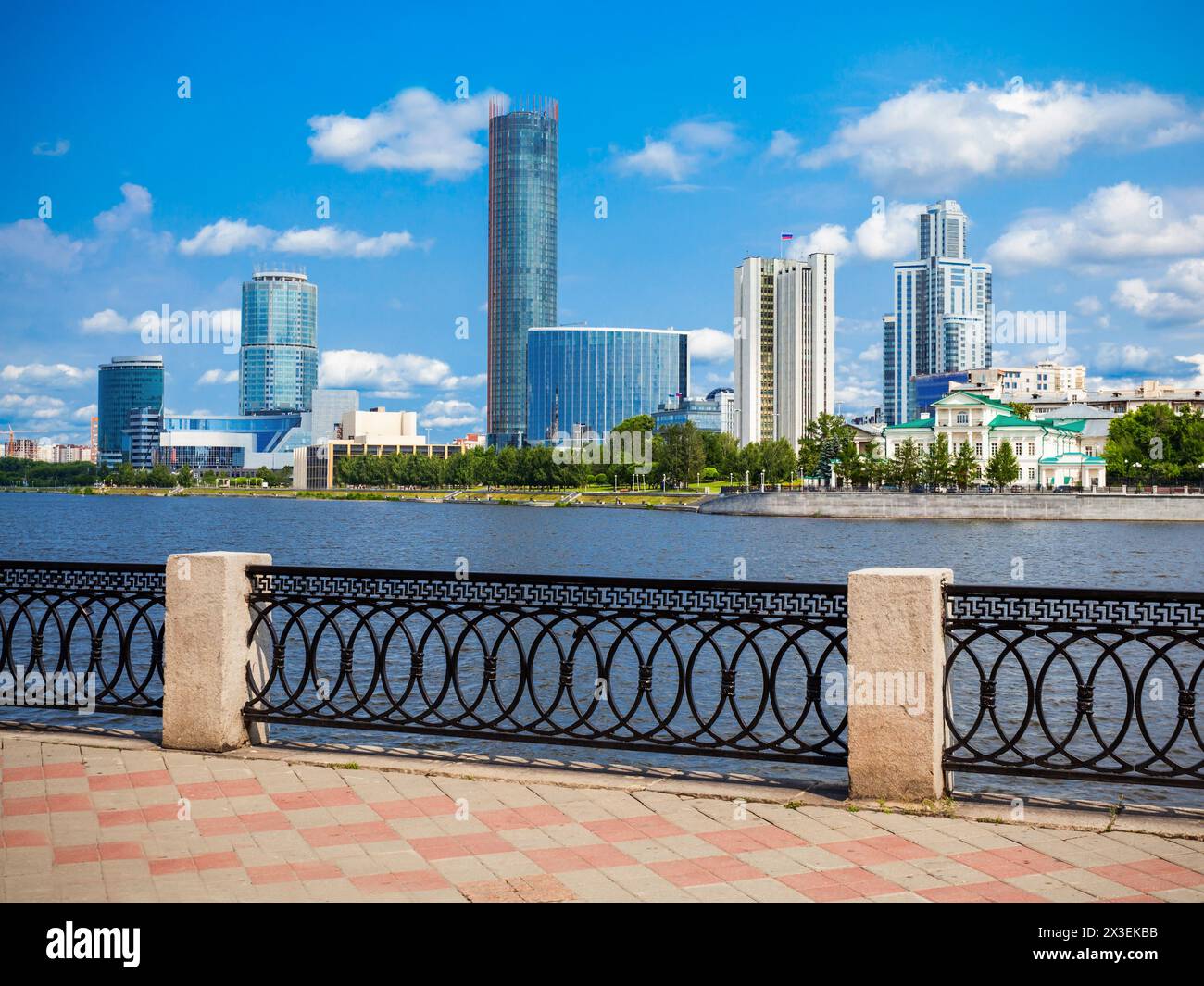 Yekaterinburg city center skyline and Iset river. Ekaterinburg is the ...