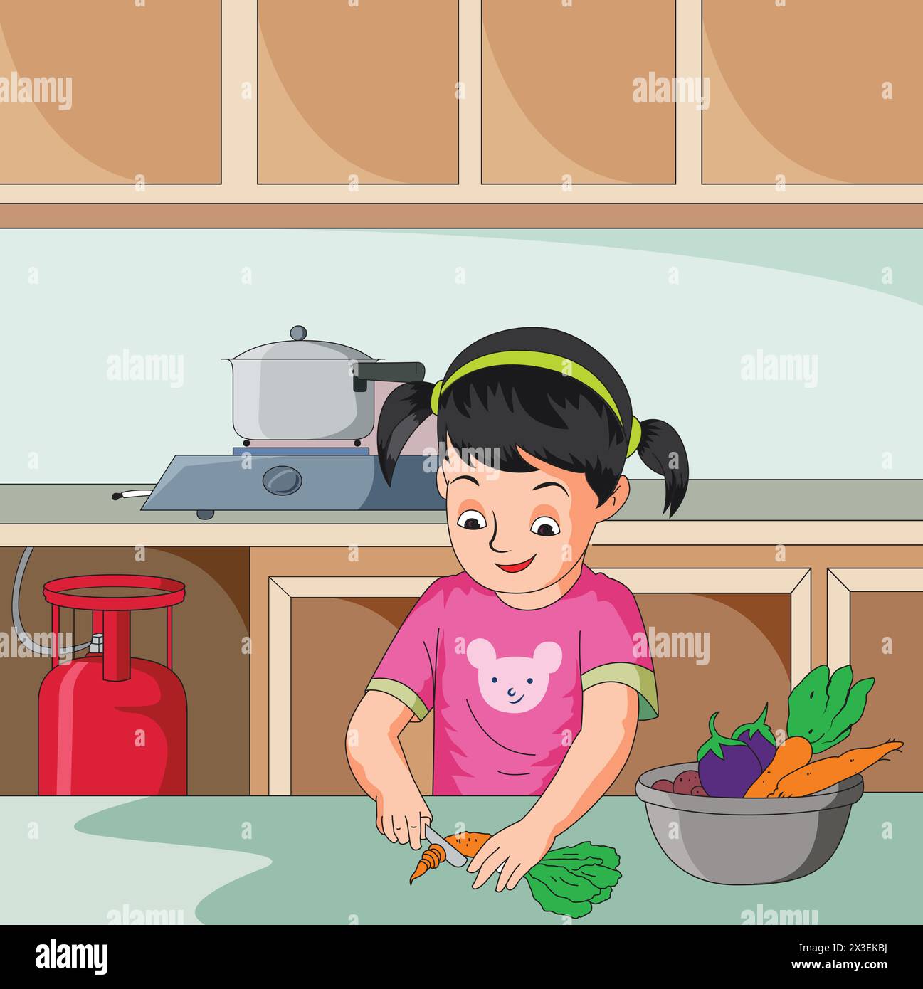 Cute girl cutting vegetables vector illustration Stock Vector Image ...