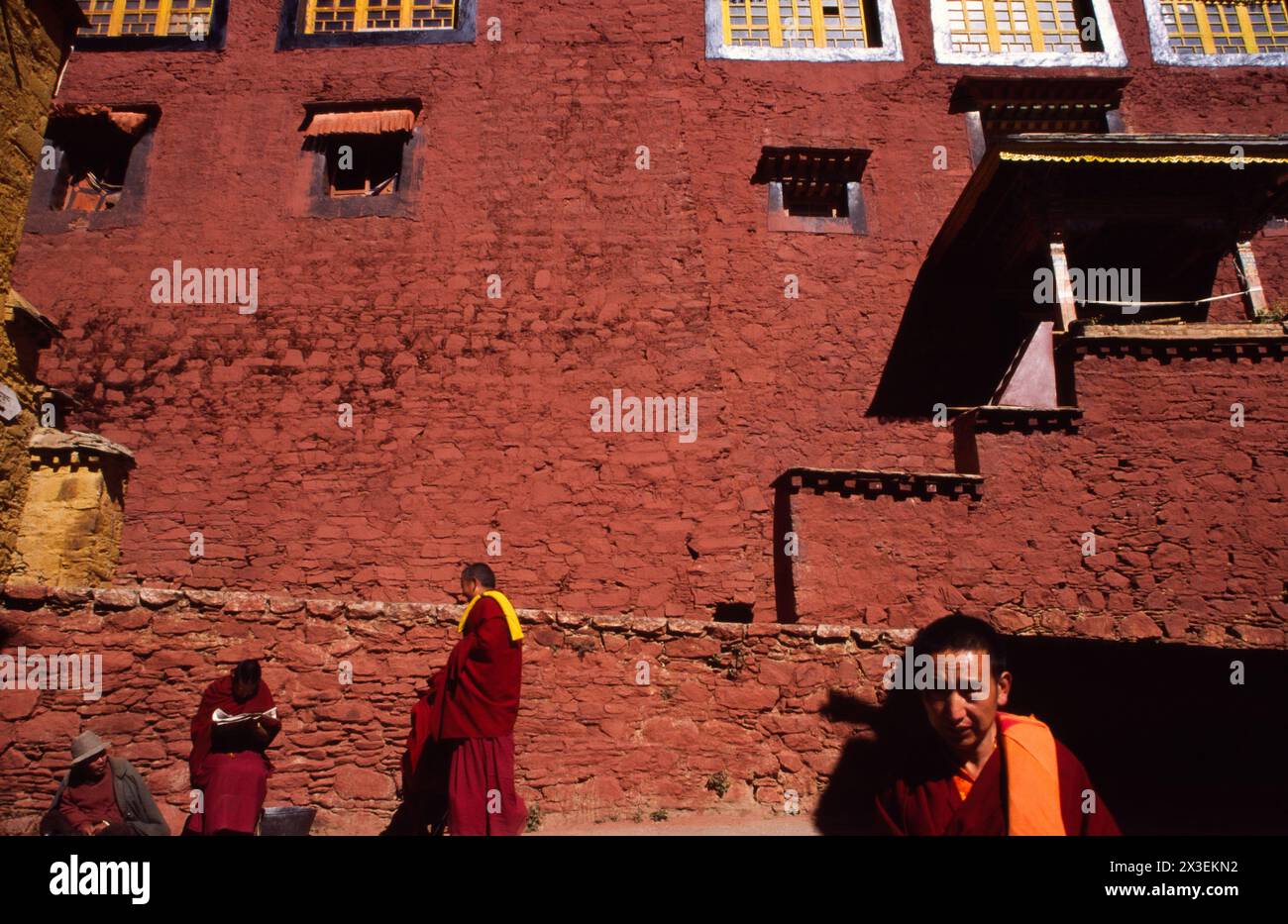 Group of buddhist monks in traditional attire walking by the vibrant ...