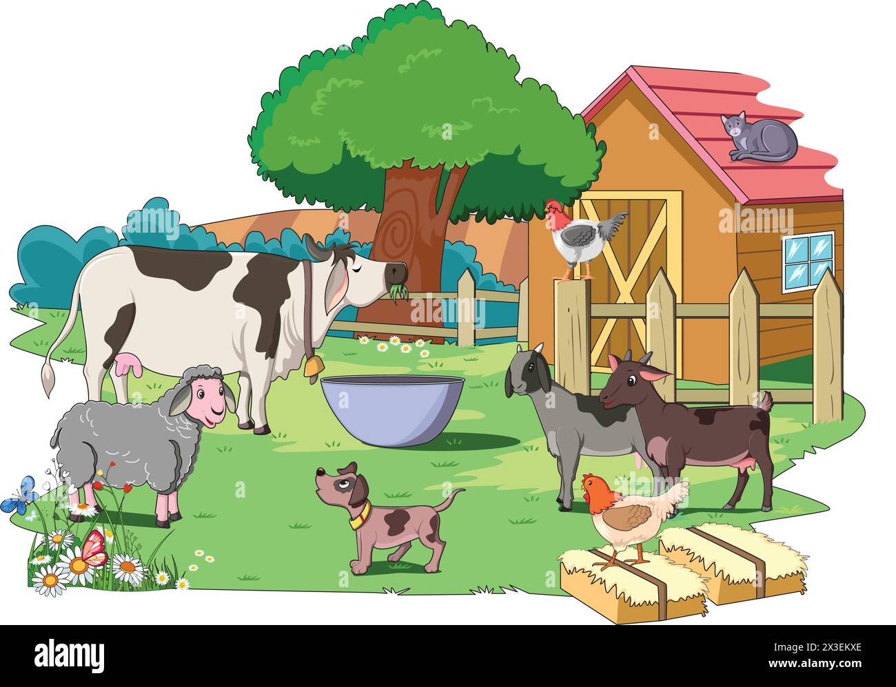 Farm animals- cow, sheep, goat, dog, hen vector illustration Stock ...