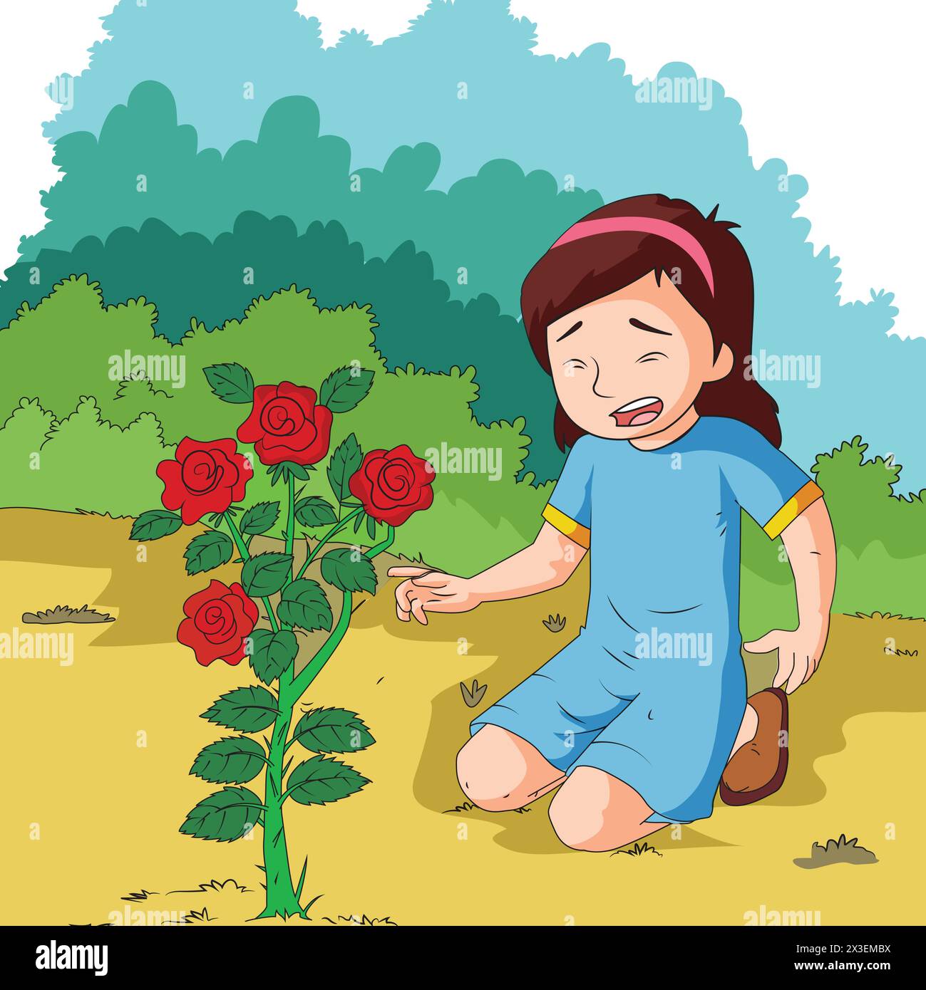 Little girl crying in pain due to rose thorn vector illustration Stock ...