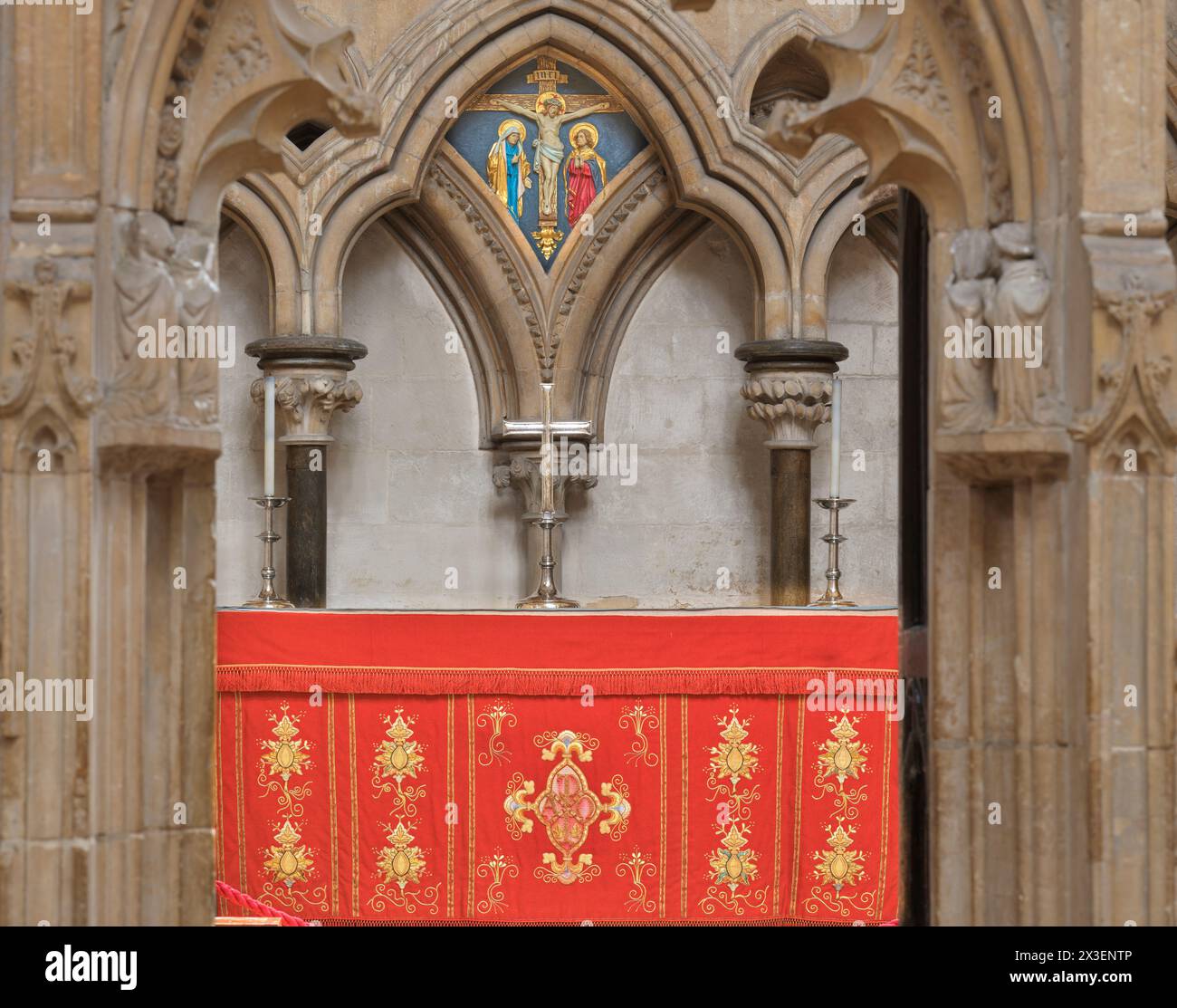 Red frontal cloth on an altar in a side chapel of the cathedral at ...
