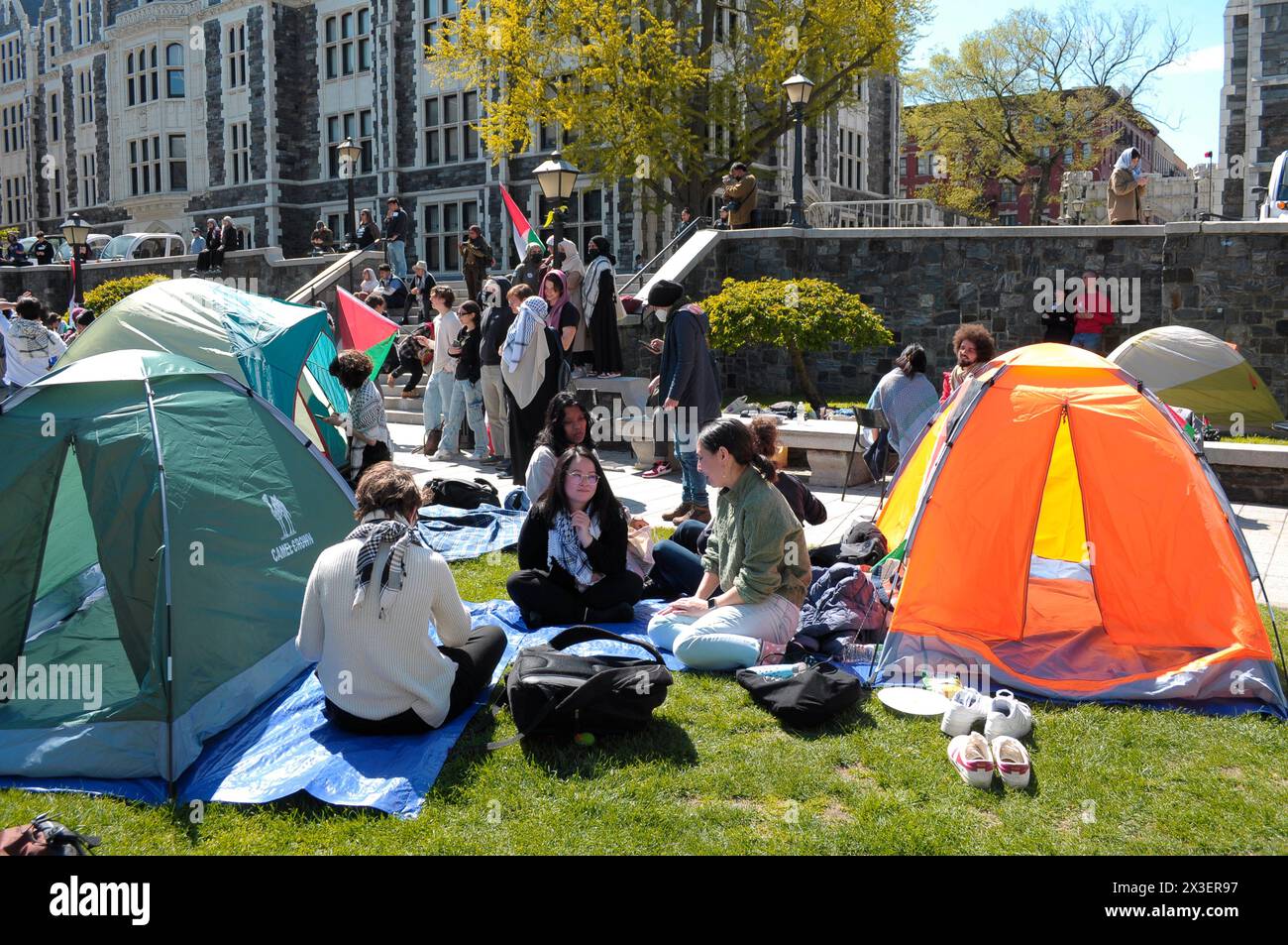 Protesters sit at a pro-Palestine encampment at the City College of New ...