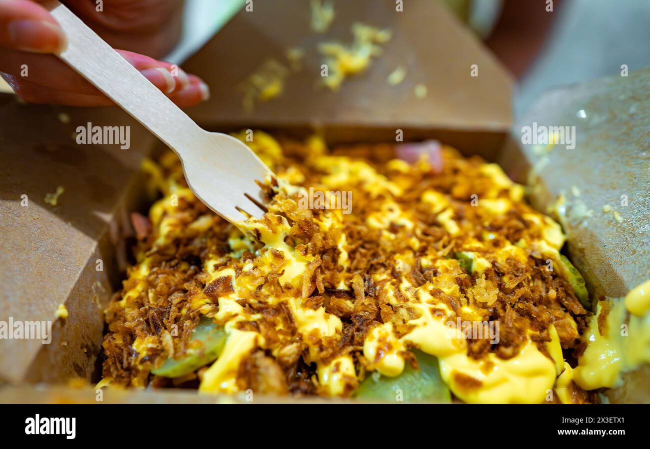 Very filling street food. French fries covered in cheese Stock Photo ...