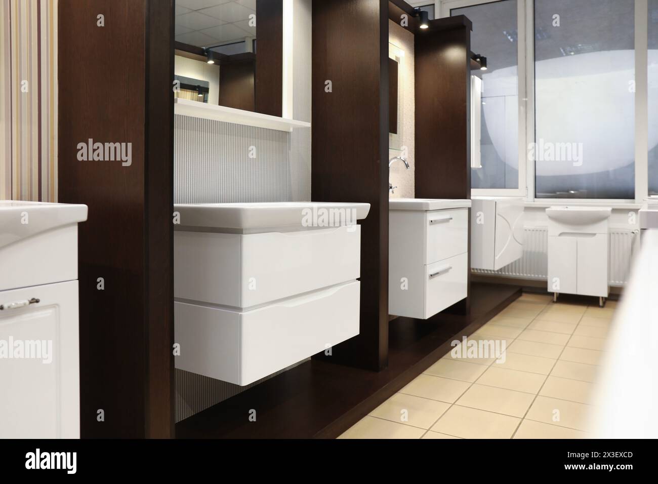 Assortment of bathroom vanity units in store Stock Photo - Alamy