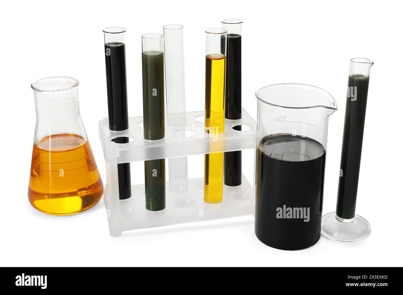 Test tubes, beaker and flask with different types of oil isolated on ...