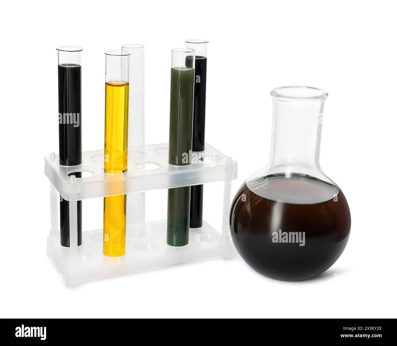 Test tubes and flask with different types of oil isolated on white ...