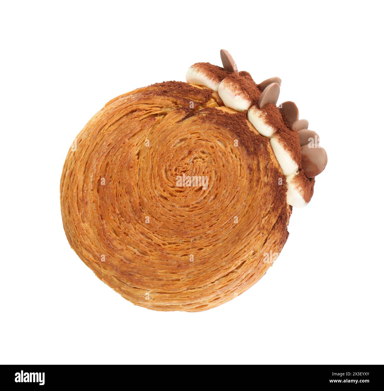 Round croissant with chocolate chips and cream isolated on white, top ...