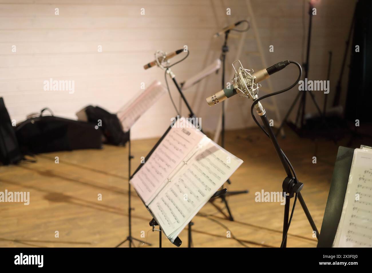Professional microphones, notes in modern empty sound recording studio ...