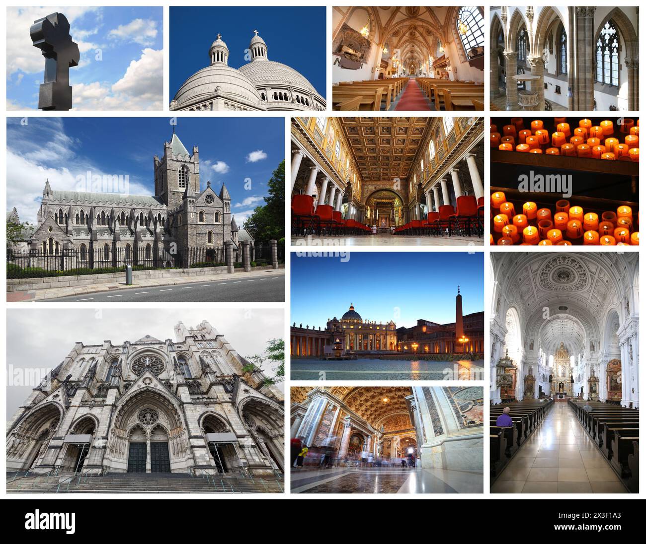 Collage with beautiful Catholic cathedrals, interiors, candles Stock ...
