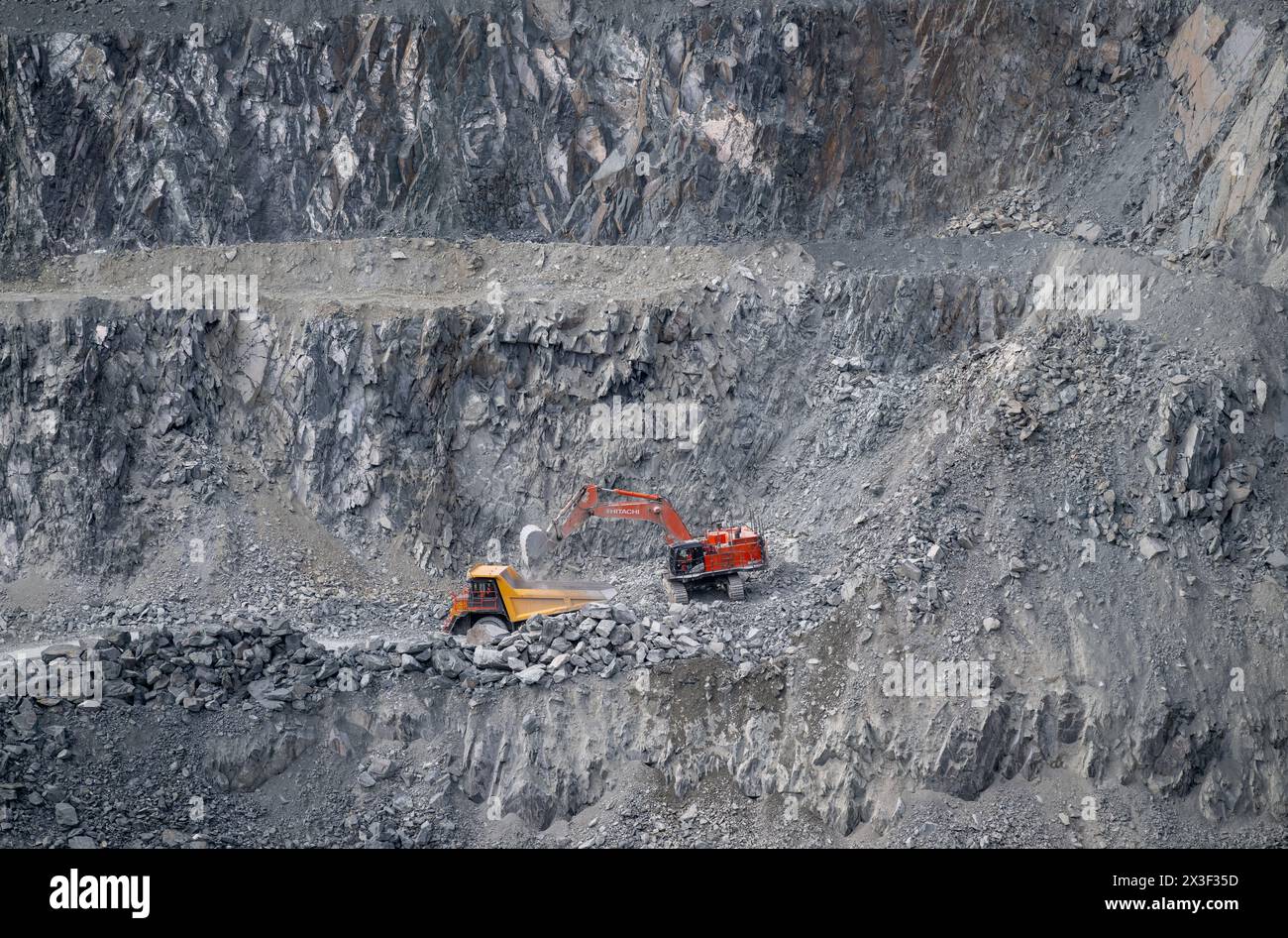 Digging out stone in a limestone quarry near Ingleton in the Yorkshire ...