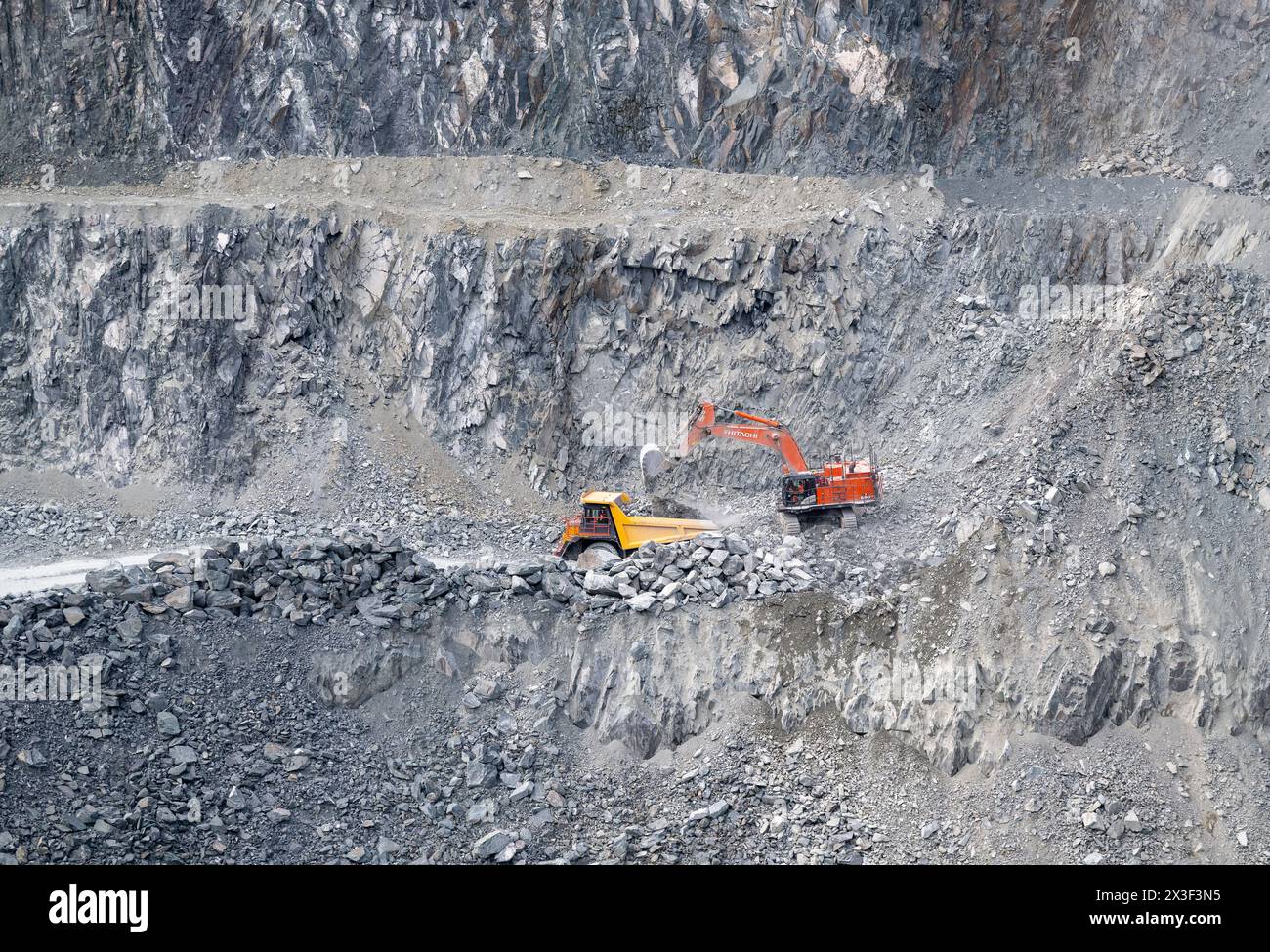 Digging out stone in a limestone quarry near Ingleton in the Yorkshire ...