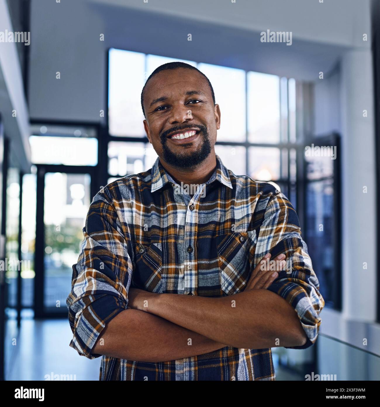 Happy, crossed arms and portrait of business black man with company pride, confidence and smile ...