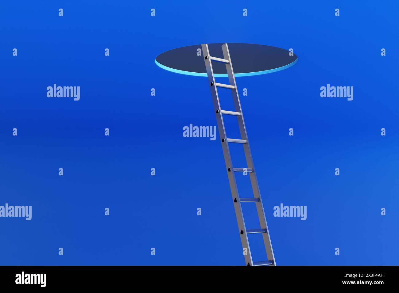 Stainless ladder climbing up to a big hole in the blue ceiling ...