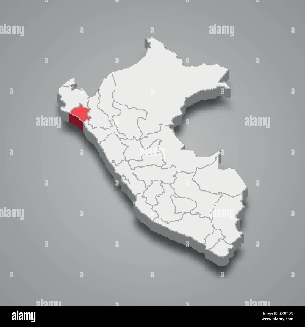 Lambayeque department highlighted in red on a grey Peru 3d map Stock ...
