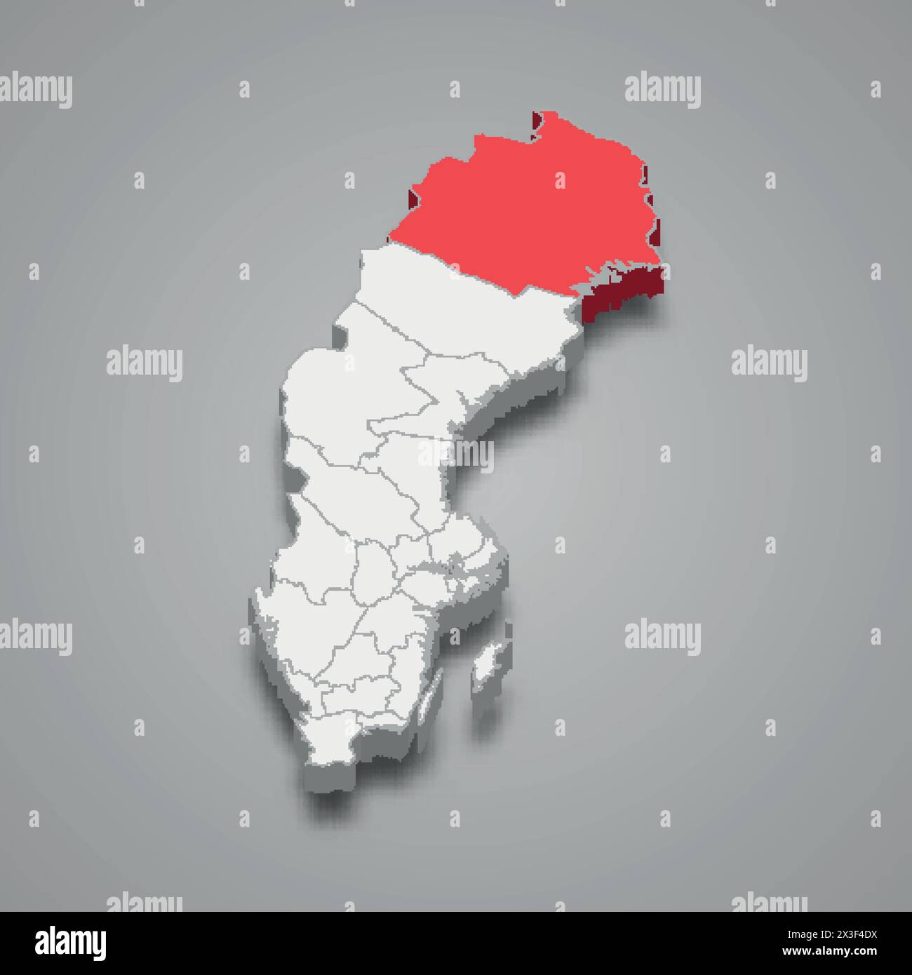 Norrbotten county highlighted in red on a grey Sweden 3d map Stock ...