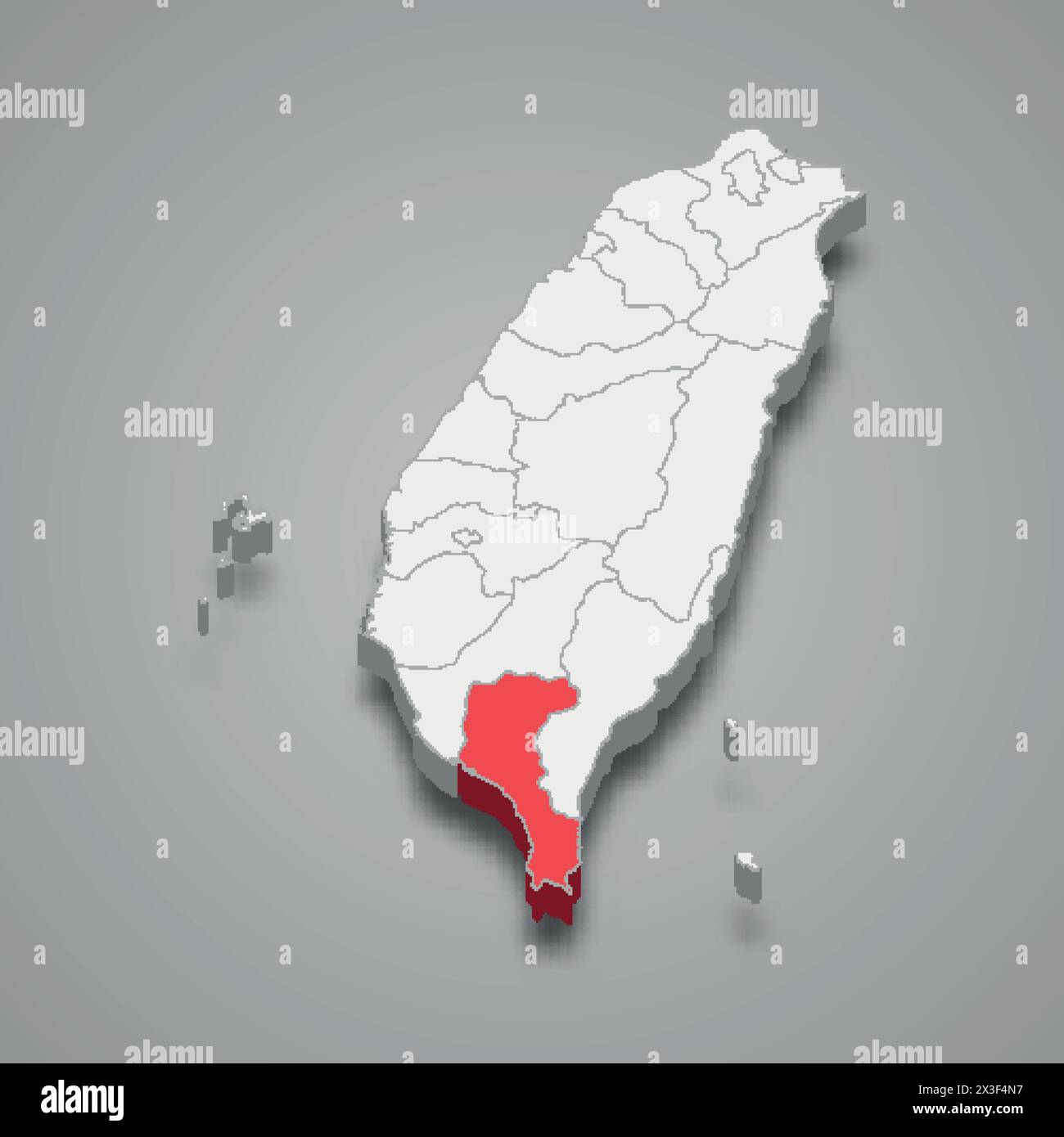 Pingtung County division highlighted in red on a grey Taiwan 3d map ...
