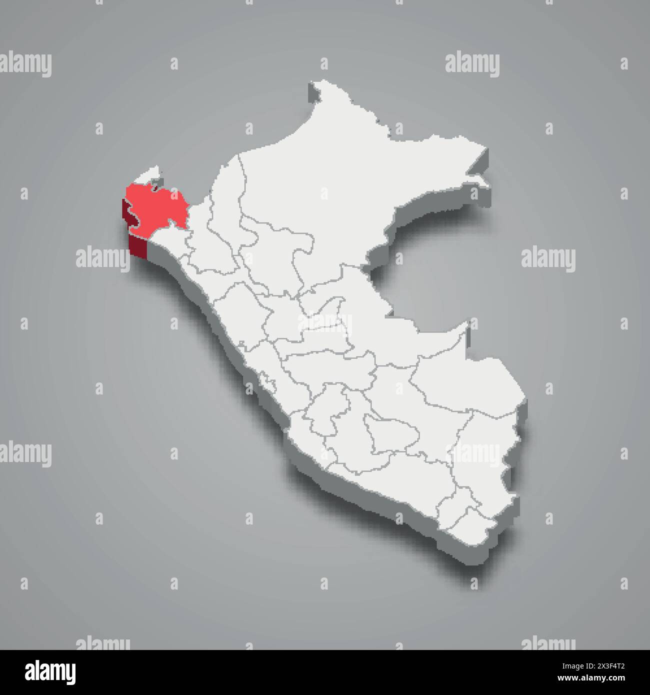 Piura department highlighted in red on a grey Peru 3d map Stock Vector ...