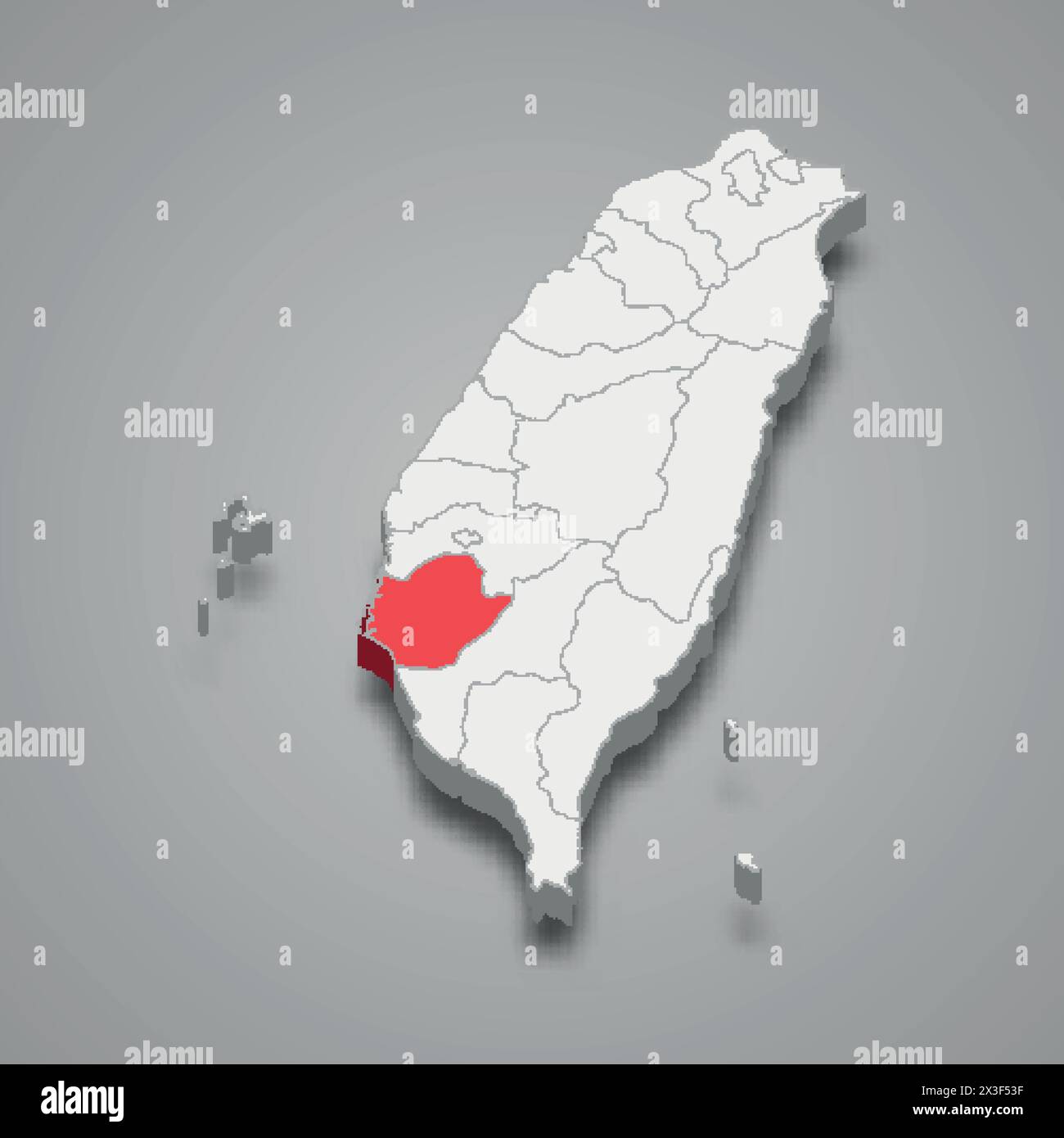 Tainan City division highlighted in red on a grey Taiwan 3d map Stock ...