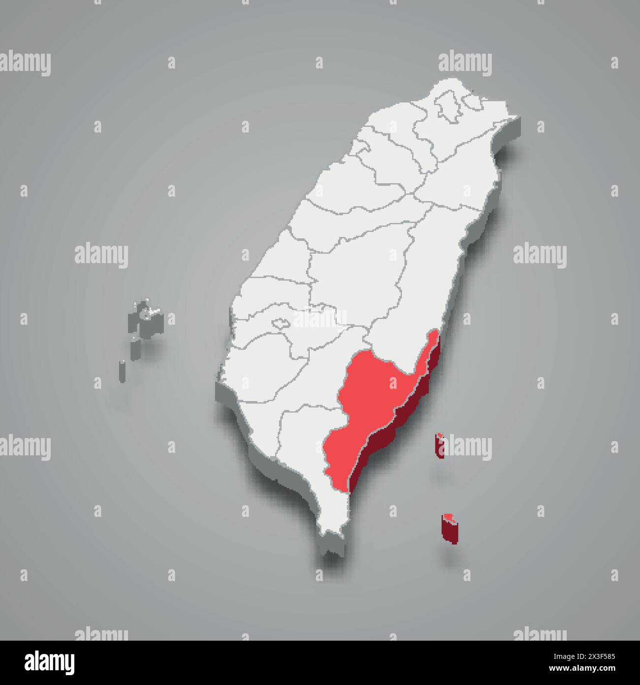 Taitung County division highlighted in red on a grey Taiwan 3d map ...