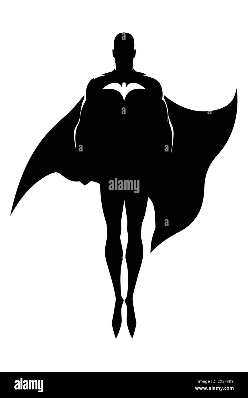 Front view silhouette illustration of determined and powerful superhero ...