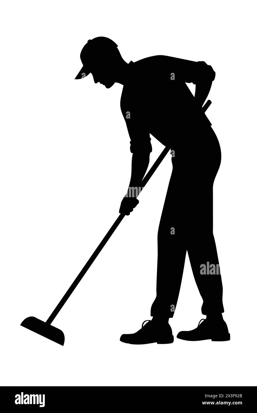 Vector silhouette janitor. man sweeping the floor with a mop over white ...