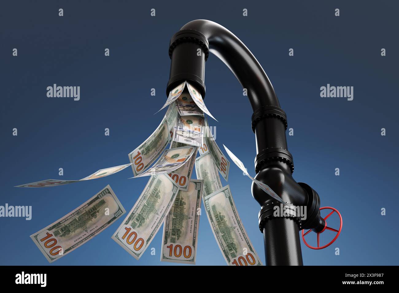 US 100 dollar banknotes flowing out of a black plumbing pipe with a ...