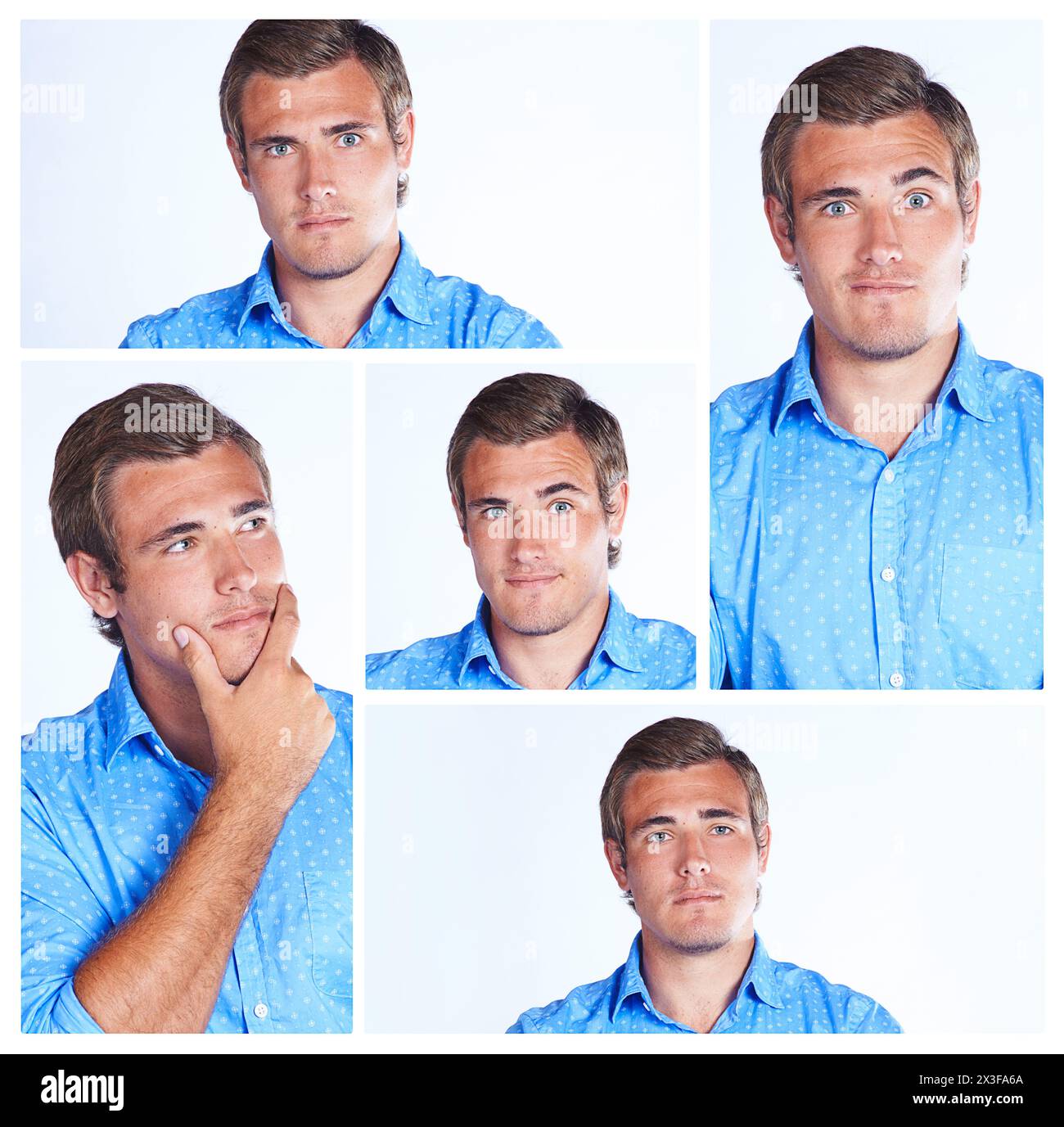 Studio, portrait and man in box collage on a white background with ...