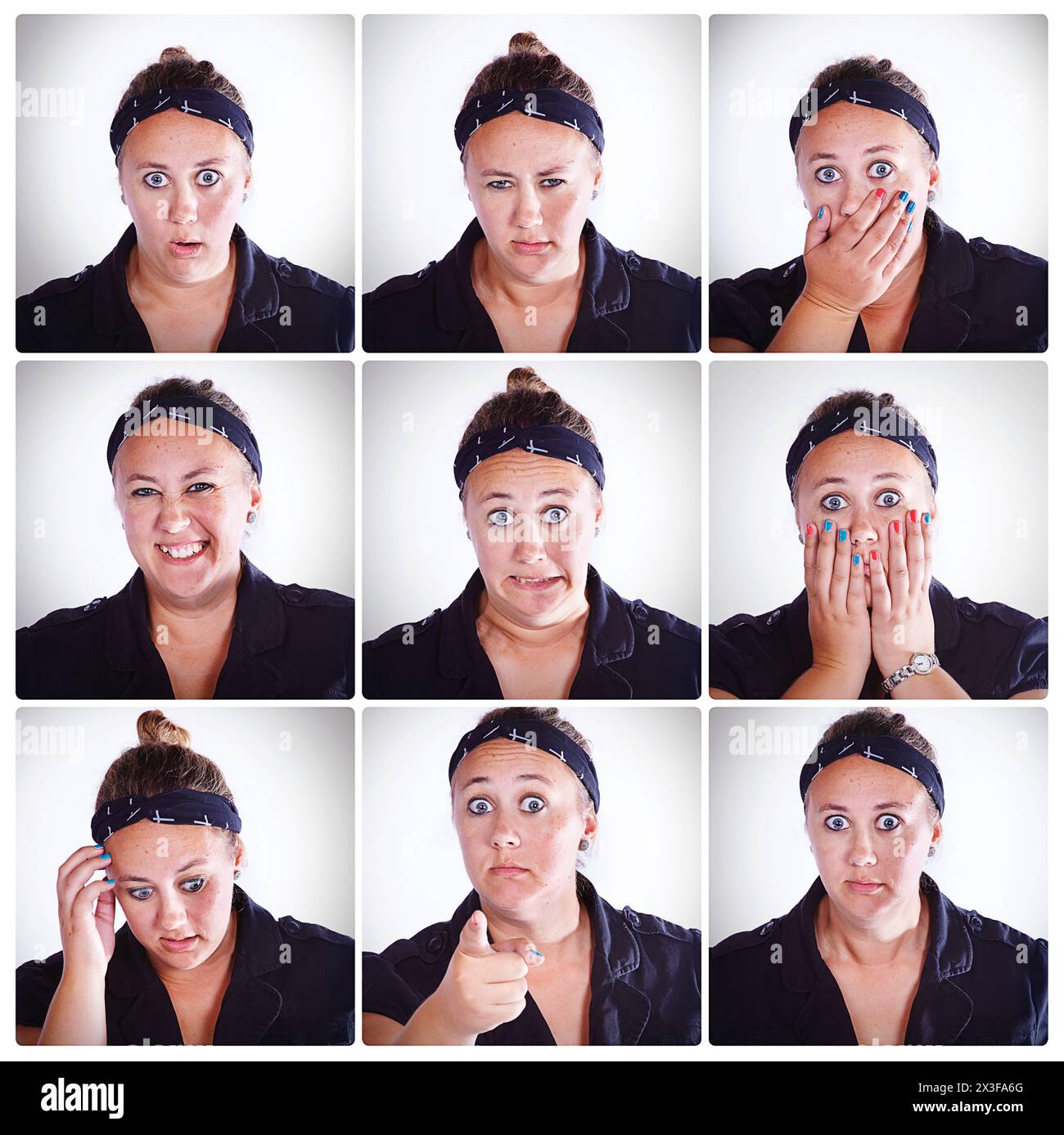 Emotions, collage and portrait of woman in studio for shock, surprise or gossip on white ...