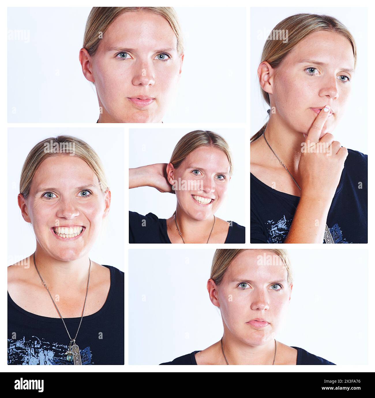 Woman, collage and facial expressions with variety of attitude, humor ...