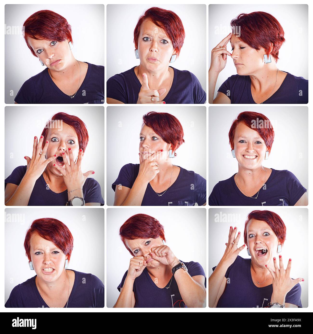Collage, woman and emotions with hair dye in studio on white background ...