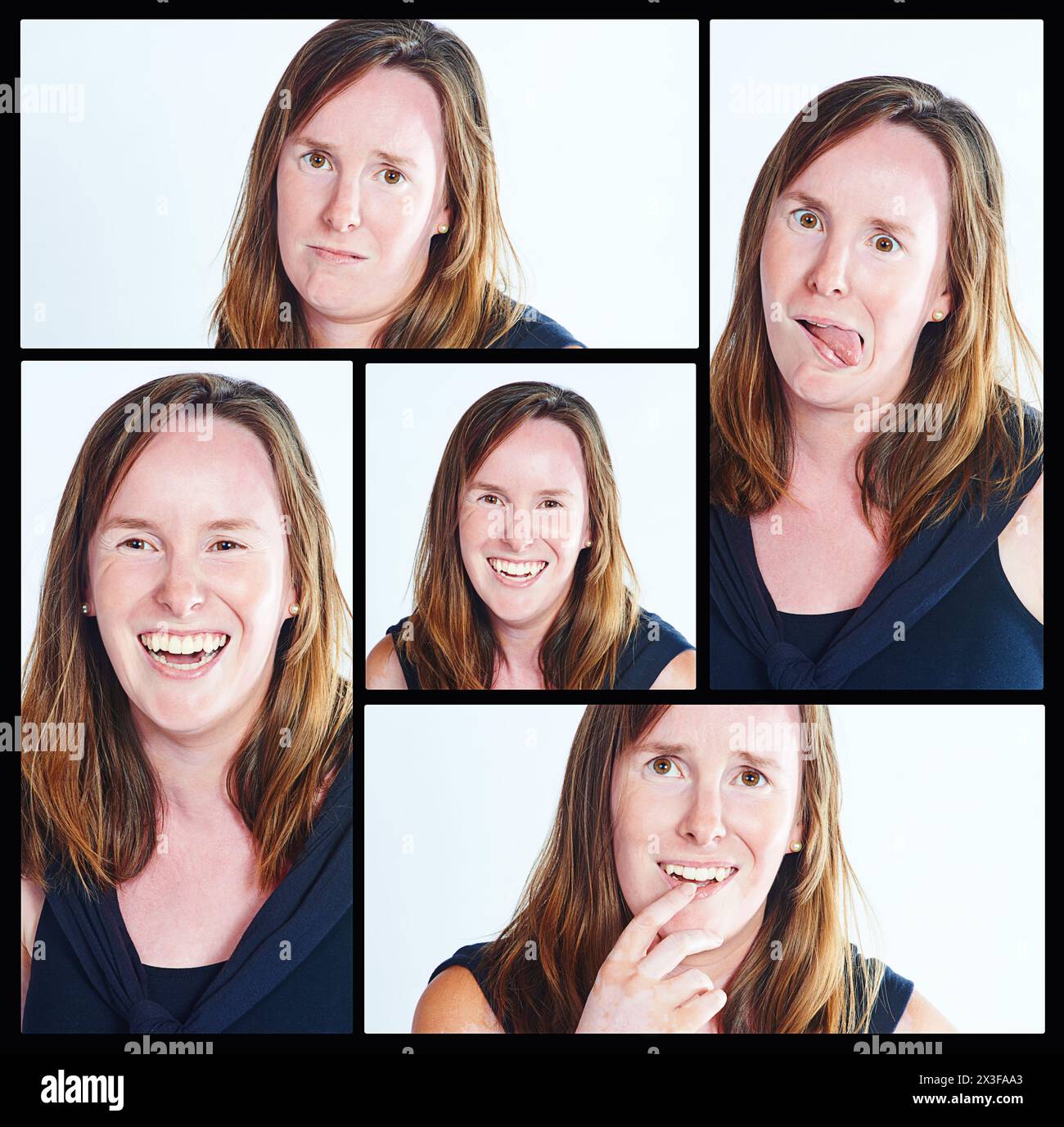 Collage, woman and portrait in studio with funny face, happiness and ...