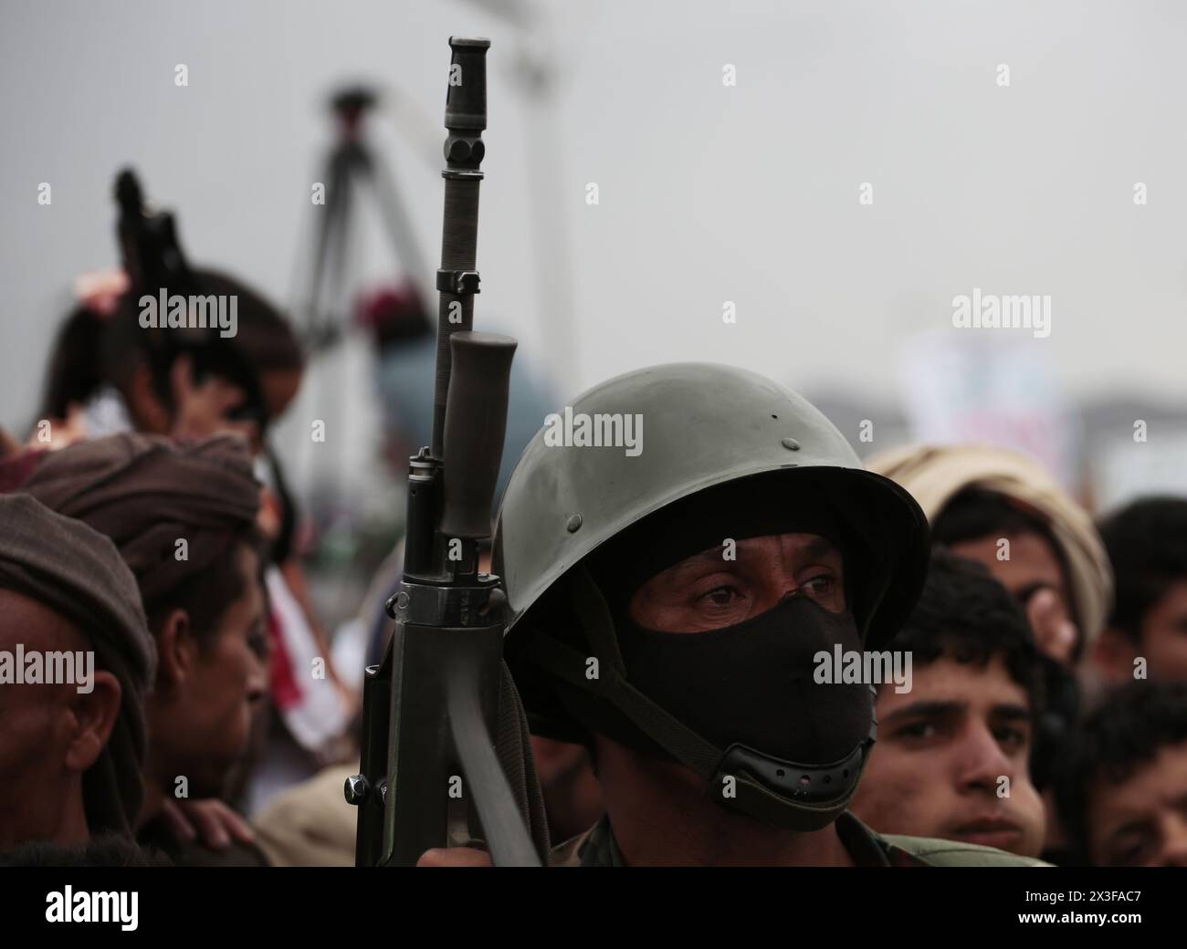 Houthi attire attend a protest in solidarity with the Palestinian ...