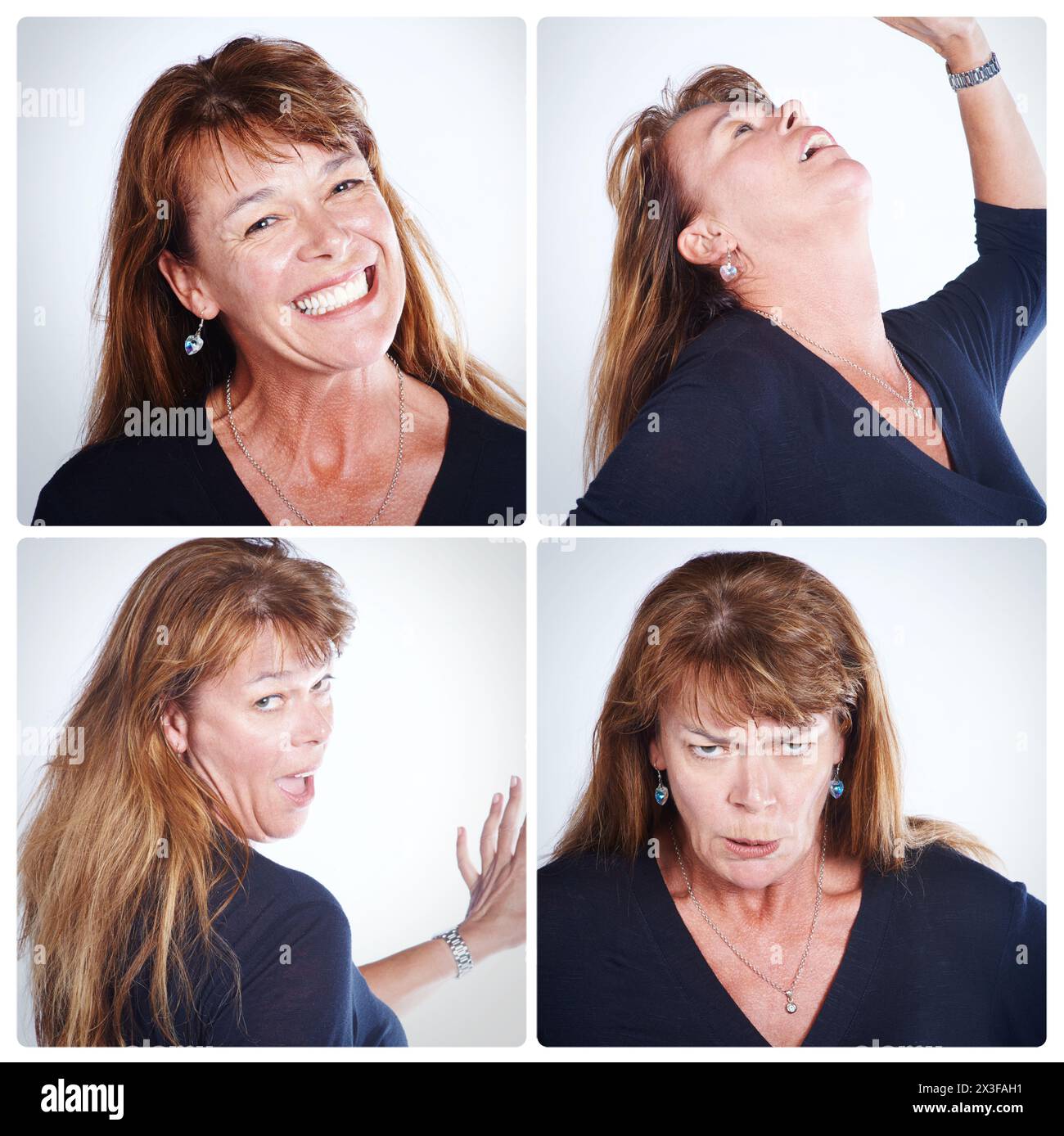 Collage, woman and portrait with funny expression, happiness and crazy ...