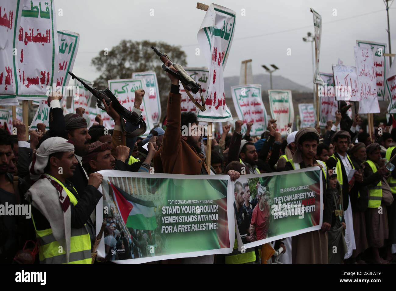 Houthi attire attend a protest in solidarity with the Palestinian ...