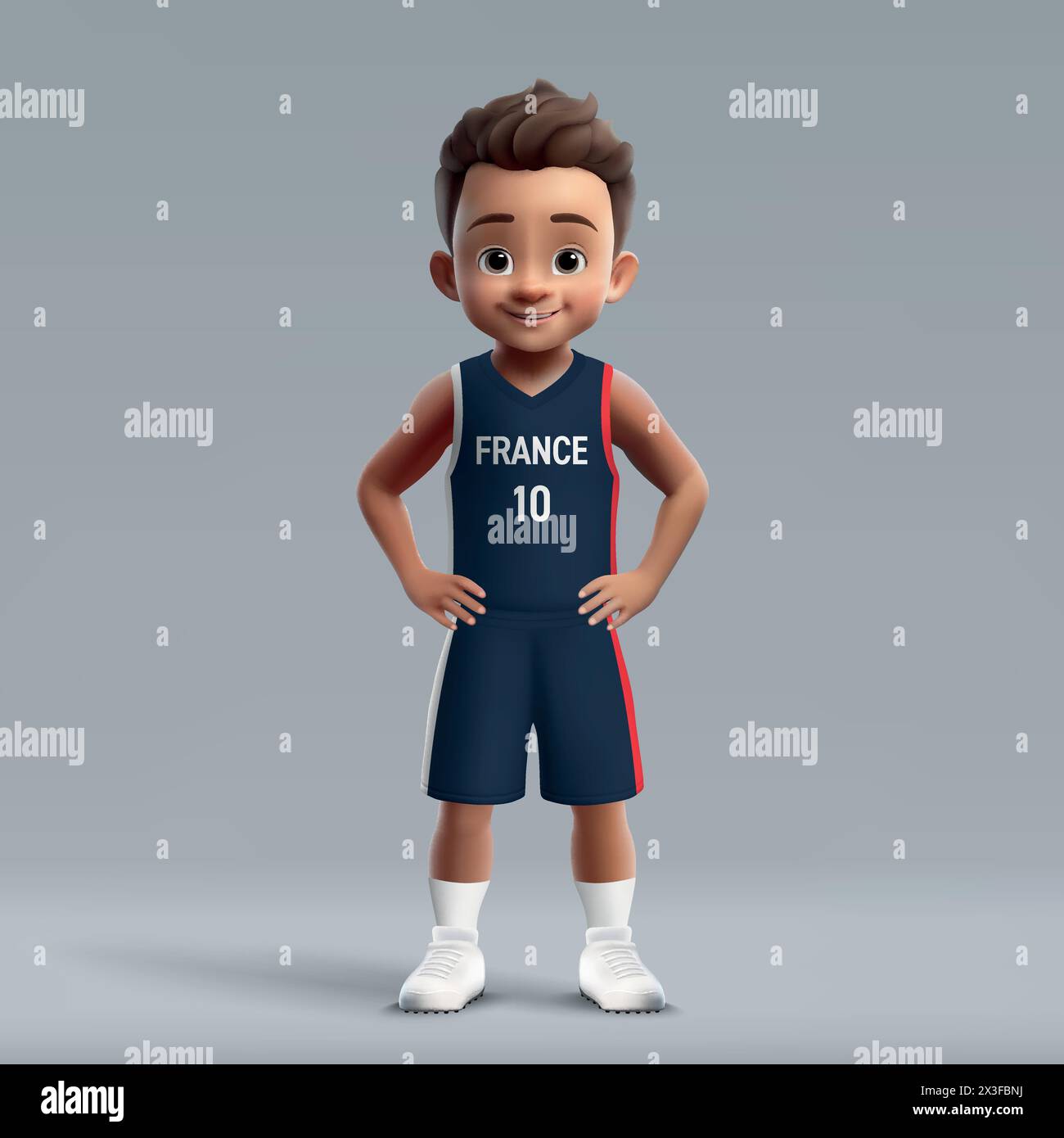 3d cartoon cute young basketball player in France national team kit ...