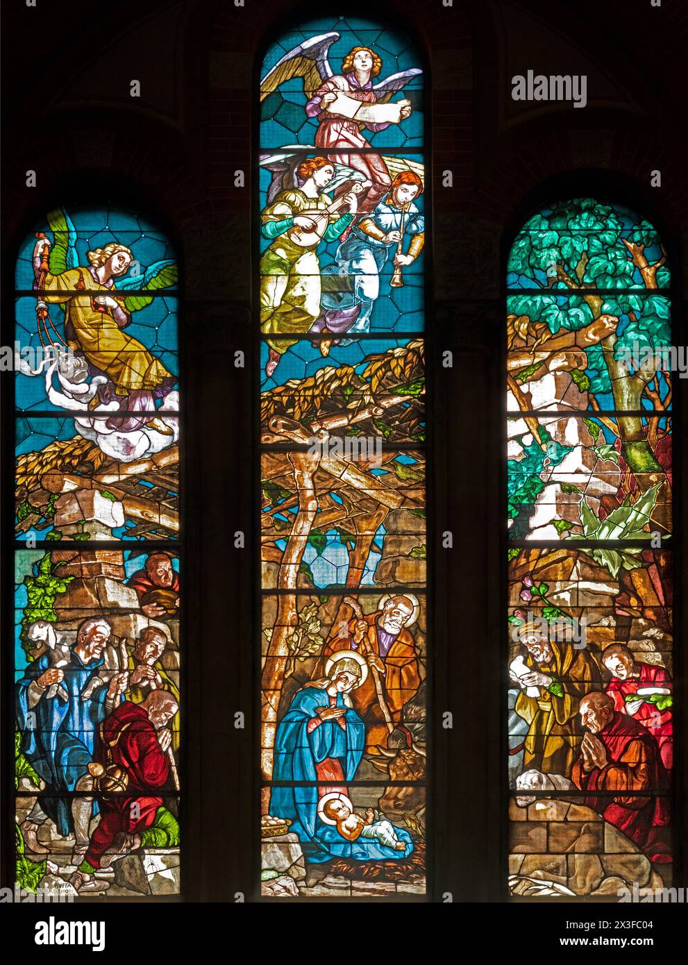 MILAN, ITALY - MARCH 6, 2024: The Nativity (Adoration of Shepherds) on the stained glass of the ...