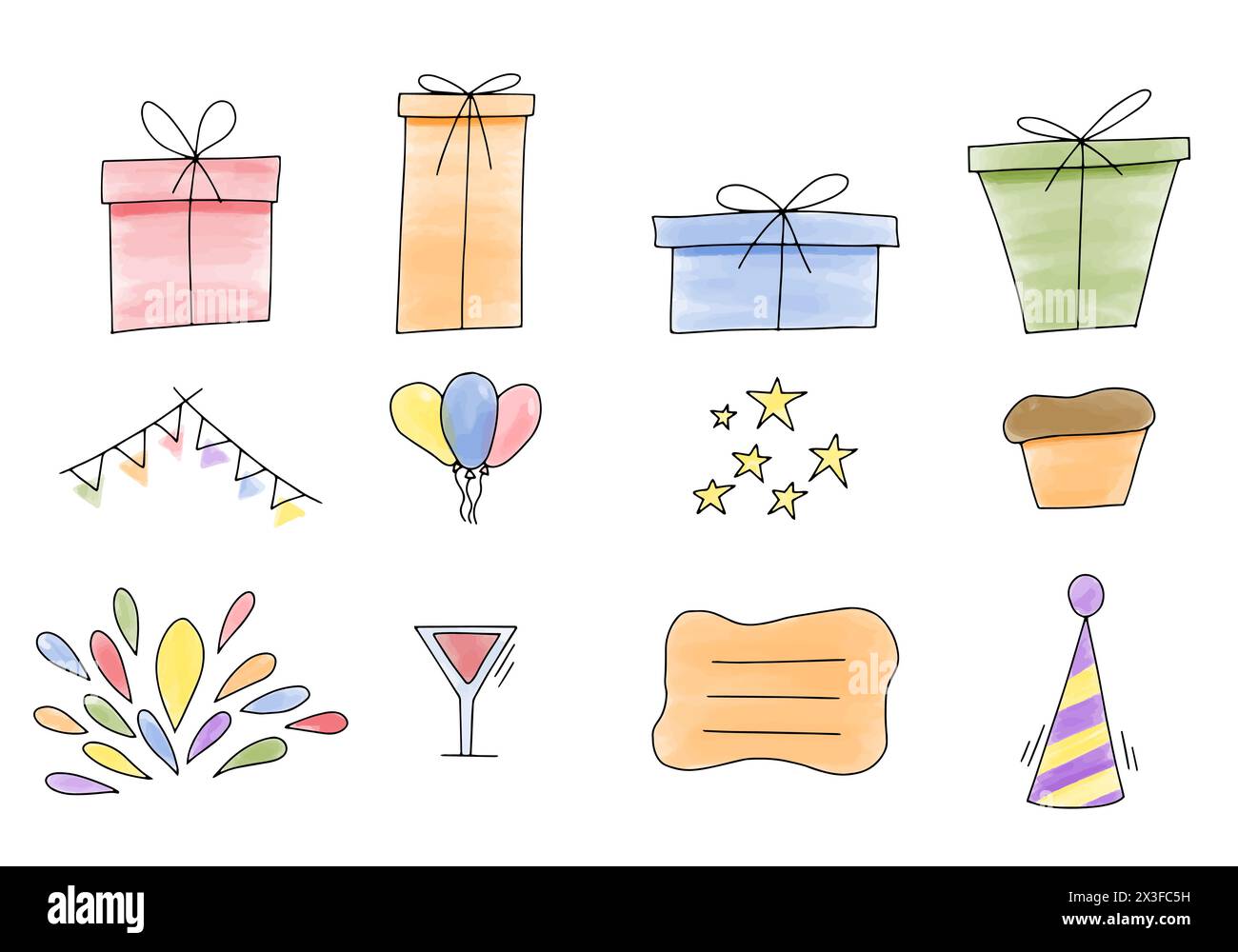 Set of watercolor doodle elements, vector illustration Stock Vector ...