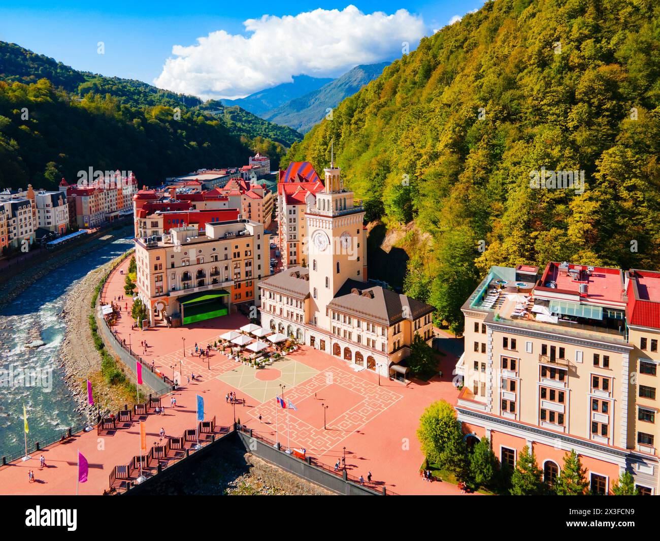Town Hall aerial panoramic view in Rosa Khutor. Rosa Khutor is an ...