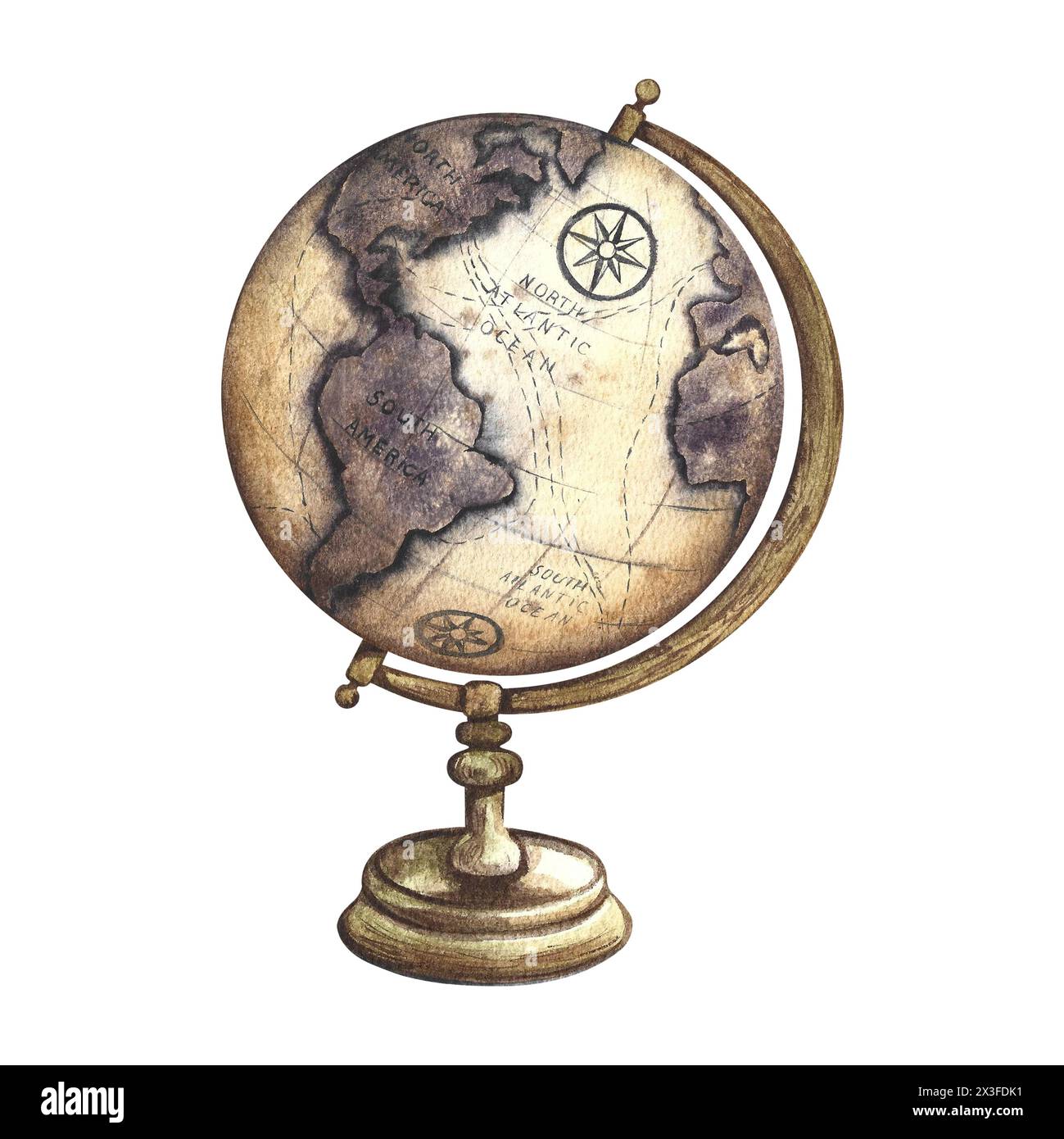 Vintage globe. Hand-drawn watercolor illustration of a vintage model of ...