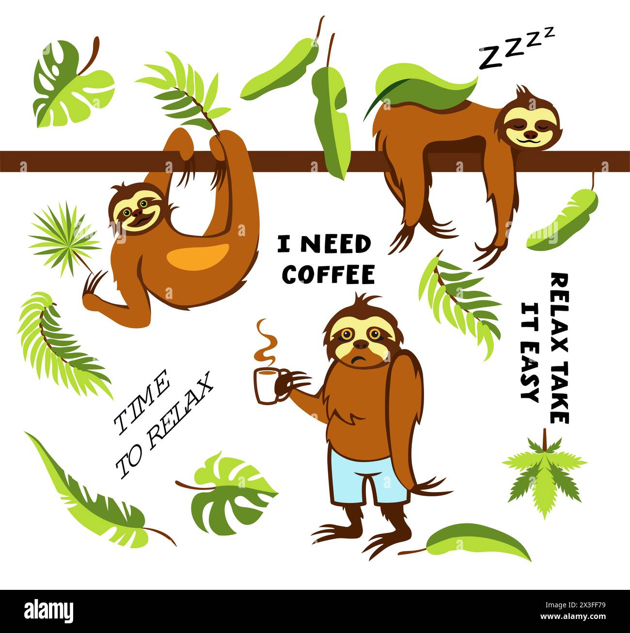 Set of Cute cartoon sloth vector graphic design. Adorable hand drawn ...