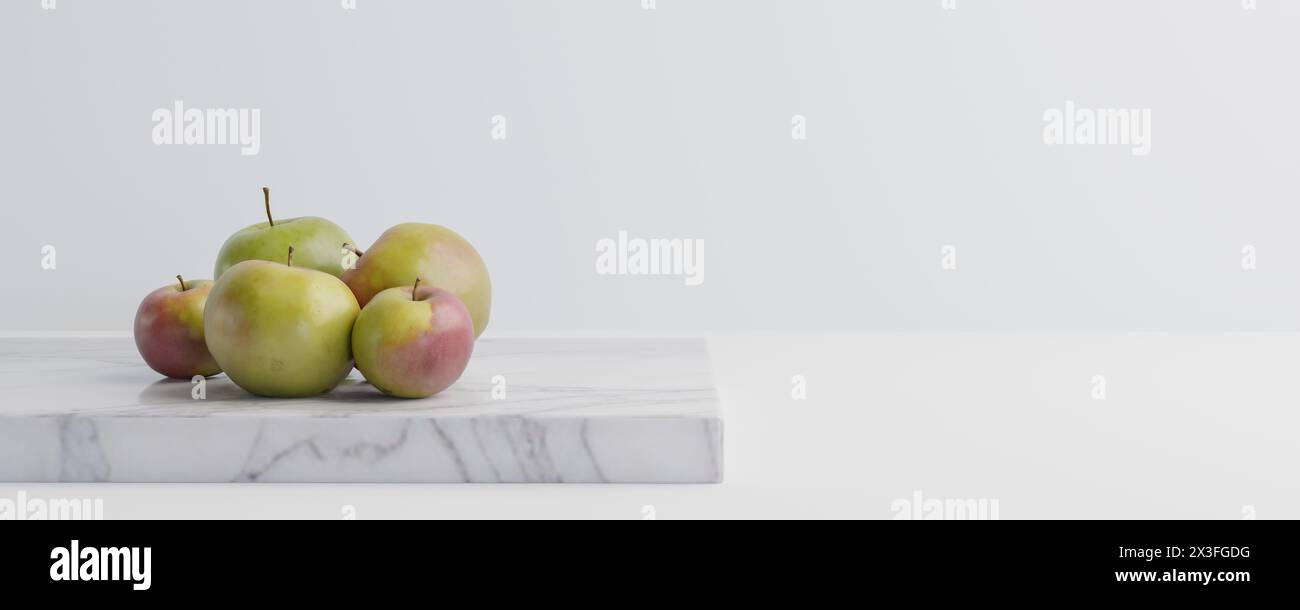 Pile of apples on marble slab 3d render illustration Stock Photo - Alamy