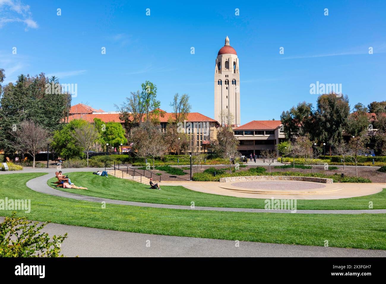 Photograph of Meyer Green, Cecil Green Library and the Hoover Tower on the campus of John Leland ...